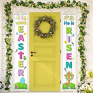 Happy Easter Porch Sign He is Risen Party Banner Welcome Easter Courtyard Holiday Decoration Indoor Outdoor Front Door Spring Floral Hanging Flag