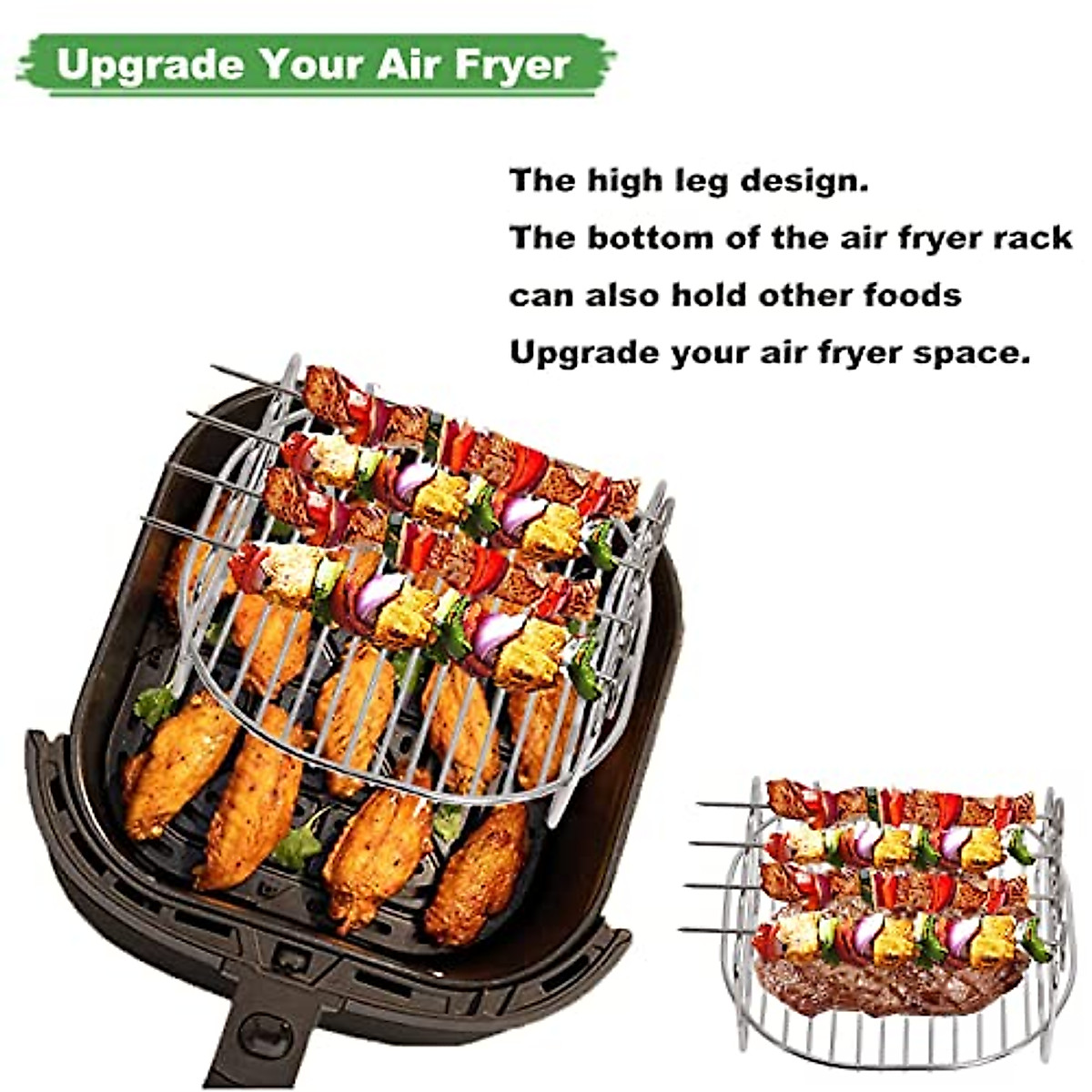 Air Fryer Skewer Rack Compatible with Philips Cosori Ninja Air Fryer 3.5-4.2L, 9Pcs Air Fryer Accessory Including Rack, Pizza Pan, Cake and Egg Mold, Food Grade 304 Stainless Steel Air Fryer Rack