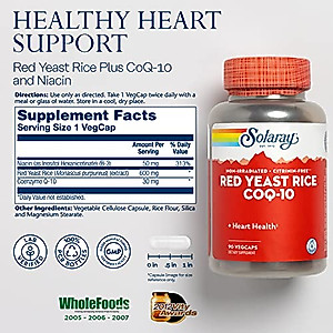 SOLARAY Red Yeast Rice Plus CoQ-10 & No-Flush Niacin Vitamin B-3, Healthy Heart & Cardiovascular Support, Non-Irradiated & Citrinin Free, 60 Day Money Back Guarantee, 90 Servings, 90 VegCaps