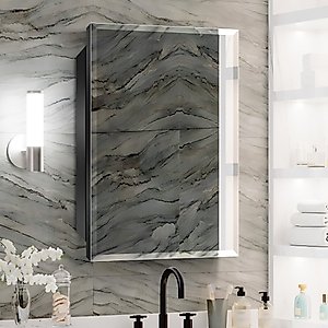 Janboe 16×26inch Medicine Cabinet,Mirror Cabinet with Beveled Mirror,Solf Close Hinge,Frameless,Detachable Side Plate for Recess Mount or Surface Mount,Black