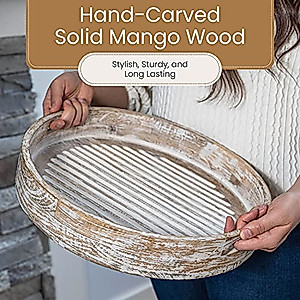 Walbrook Round Serving Tray with Handles - 16" Coffee Table Tray, Decorative Tray, Large Ottoman Tray, Wooden Tray, Rustic Round Tray, Wood Tray, Farmhouse Tray, White Tray, Round Wood Tray