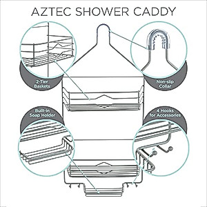 Bath Bliss Aztec Hanging Shower Caddy | Bathroom Storage & Organization | Shower Head Hang | Holds Large Bottles | Accessory Hooks | Suction Cup Backing | Grey