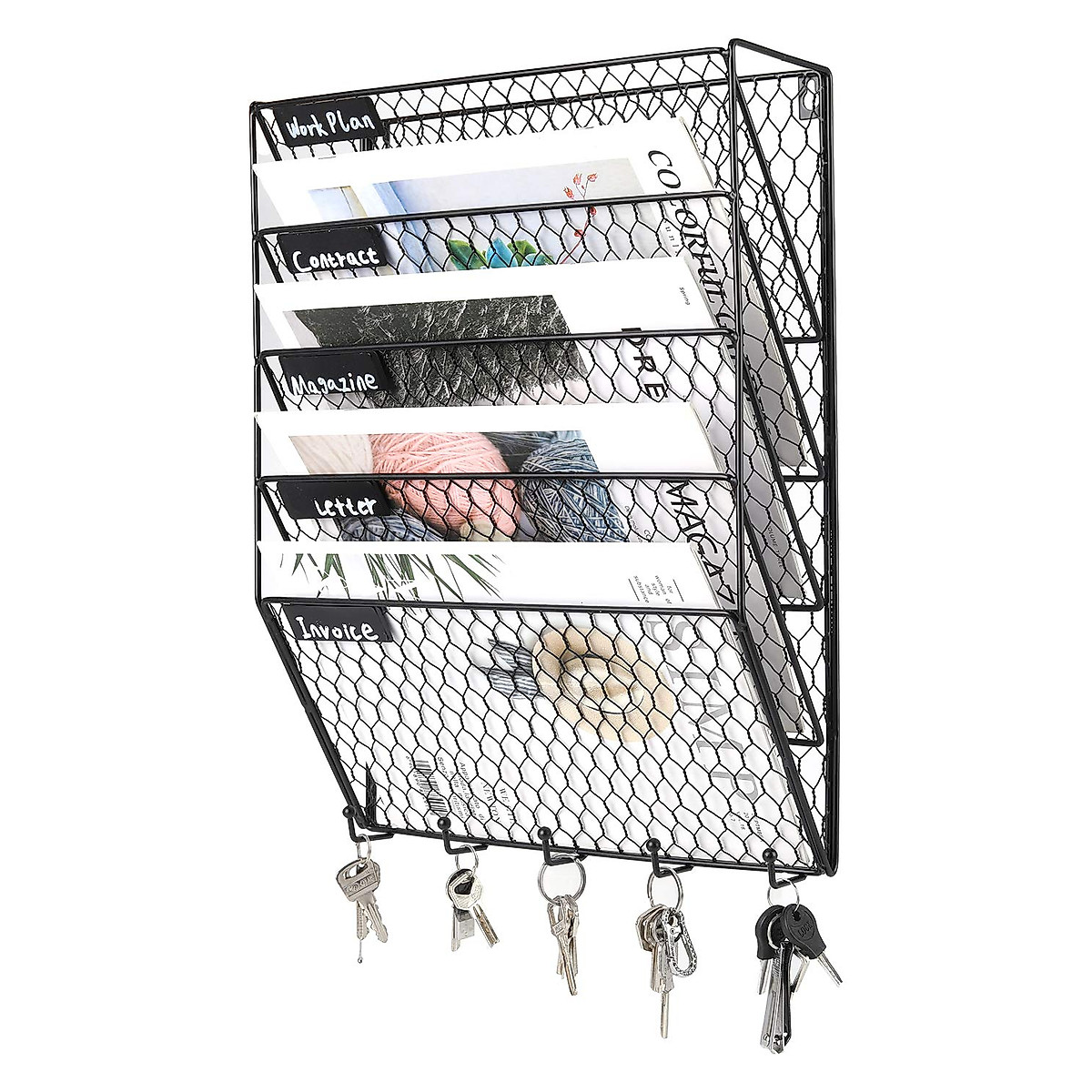 PAG 5 Tier Wall File Holder Hanging Mail Organizer Metal Chicken Wire Wall Mount Magazine Rack with hooks for Home and Office, Black