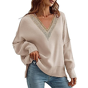 Women's 2023 Fall Sweaters Trendy Long Sleeve Lace V Neck Color Block Striped Sweater Winter Oversized Pullover Knitted Tops