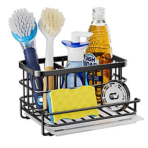 HapiRm Kitchen Sink Organizer with Drain Tray, Waterproof and Rustproof Stainless Steel Dish Brush Holder, Sponge Holder for Kitchen Sink - Black