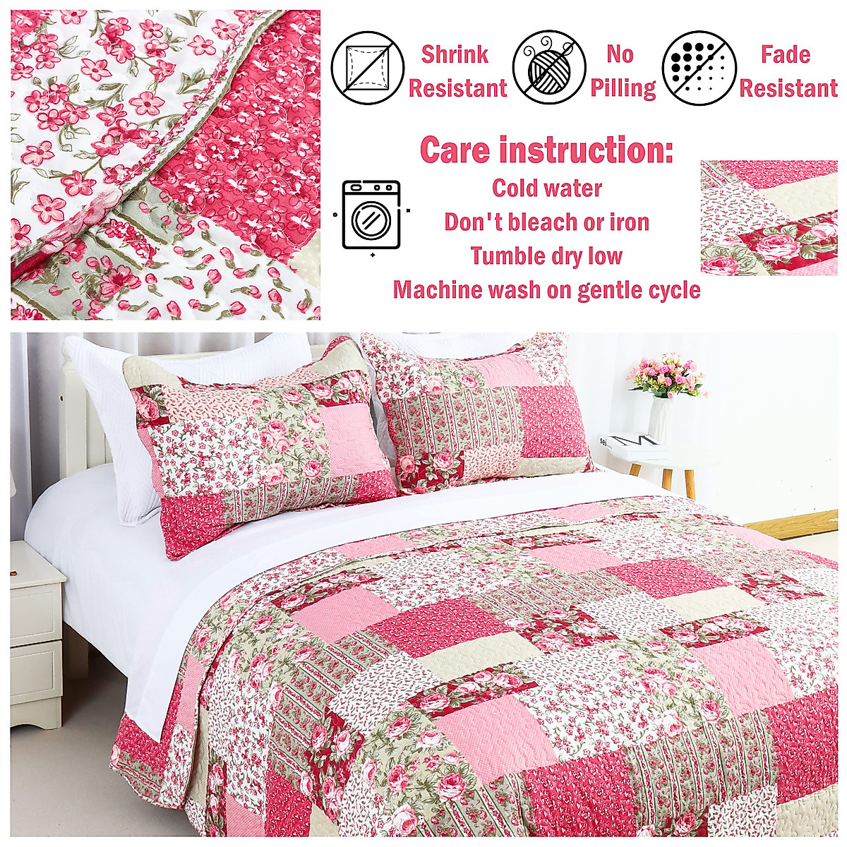 Cmfshape Summer Floral Queen Quilted Bedspread,Romantic Pink Quilt Set Full,Reversible Stitched Bedding Set All Season,Soft Lightweight Coverlet with Pillow Cases (Hot pink&Rose, Queen90 x90)