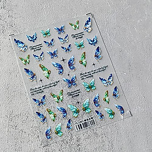 Butterfly Nail Art Stickers Decals 5D Embossed Nail Decals Blue Green Butterfly Stereoscopic Nail Design Stickers Relief Butterfly Acrylic Self Adhesive Nail Supplies for Women Manicure Decoration