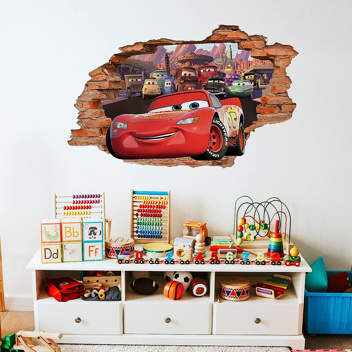 3D Cartoon Cars Movie Decal Wall Stickers,Car Removalble Break Through The Wall Decal,Vinyl Murals Car Poster for Children Bedroom Living Room