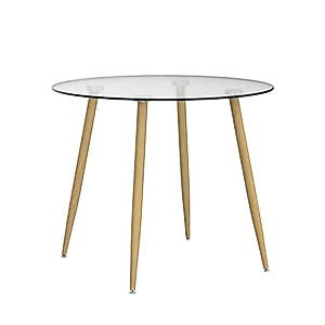 Round Dining Table - Modern Round Glass Dining Table Small Space Dining Room Table - Kitchen Table with Tempered Glass Tabletop and Metal Legs - Wood