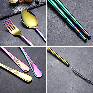 HOMQUEN Portable Utensils,Travel Camping Flatware Set,Stainless Steel Silverware Set,Include Knive/Fork/Spoon/Chopsticks/Straws/Brush/Portable Case(Colorful-8 Piece)