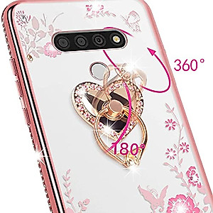 KuDiNi for LG Stylo 6 Case for Women Glitter Crystal Soft TPU Bling Cute Butterfly Heart Floral Clear Protective Cover with Kickstand+Strap for LG Stylo 6/LG K71/LG Stylus 6/LG Stylo 6(Rose Gold)