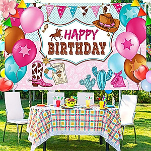 Cowgirl Themed Birthday Party Decorations, Happy Birthday Party Backdrop Pink Horse Birthday Party Supplies Cowboy Birthday Banner Photo Booth Photography Background for Girls