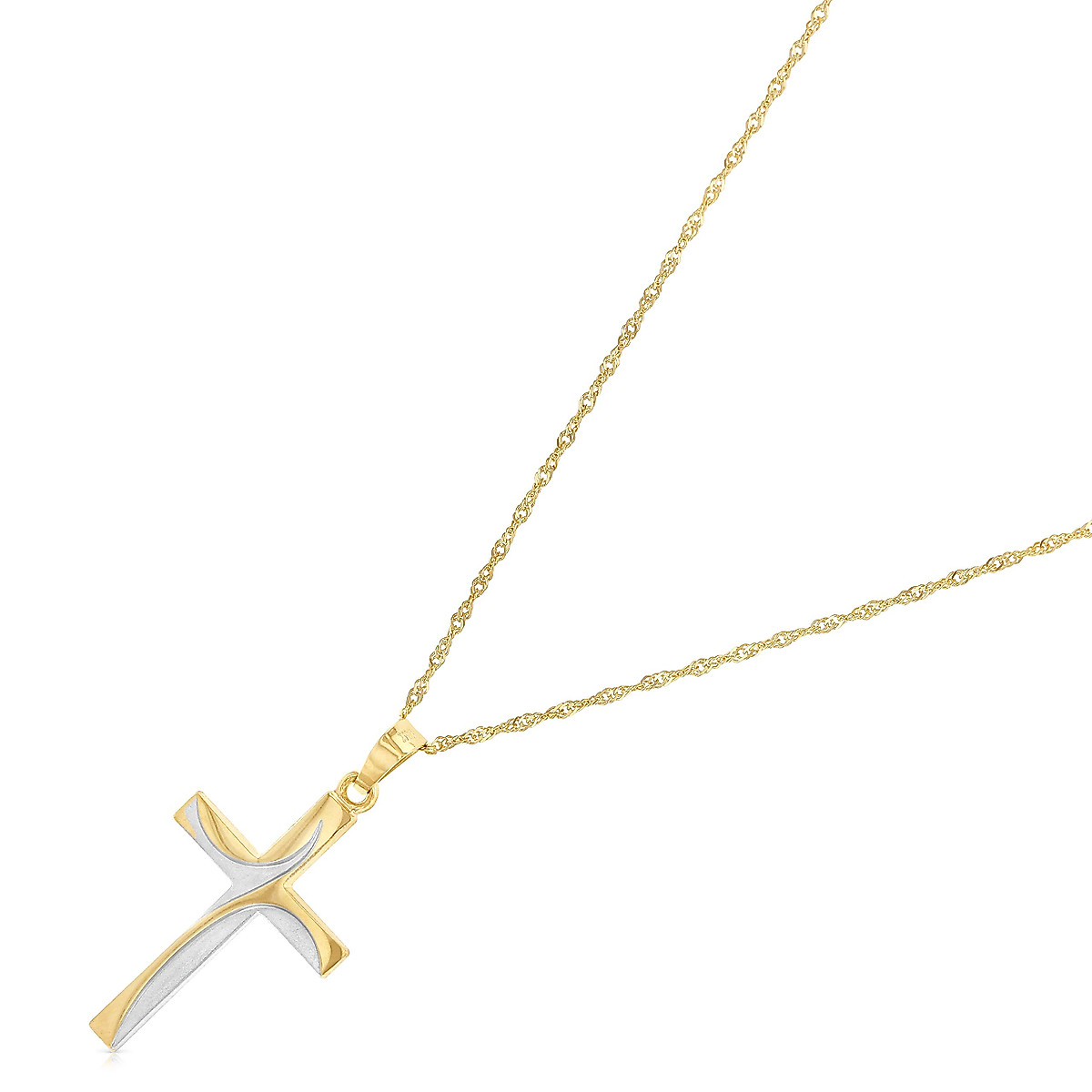Ioka 14K Two Tone Gold Cross Charm Pendant with 1.2mm Singapore Chain Necklace - 24"