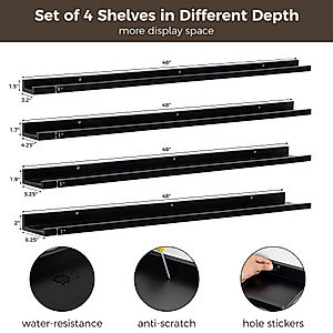 FLYJOE Picture Ledge Wall Shelves 48 inch Width Set of 4, Rustic Large Long Floating Ledge Shelves for Wall for Kid's Room Bedroom Kitchen Bathroom Living Room Nursery Display Wall Decor, Black