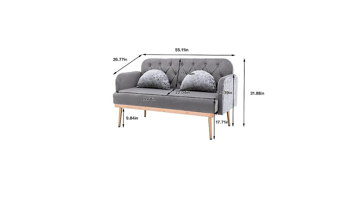 55-inch Small Velvet Sofa with Two Elegant Moon Shape Pillows, Modern ...