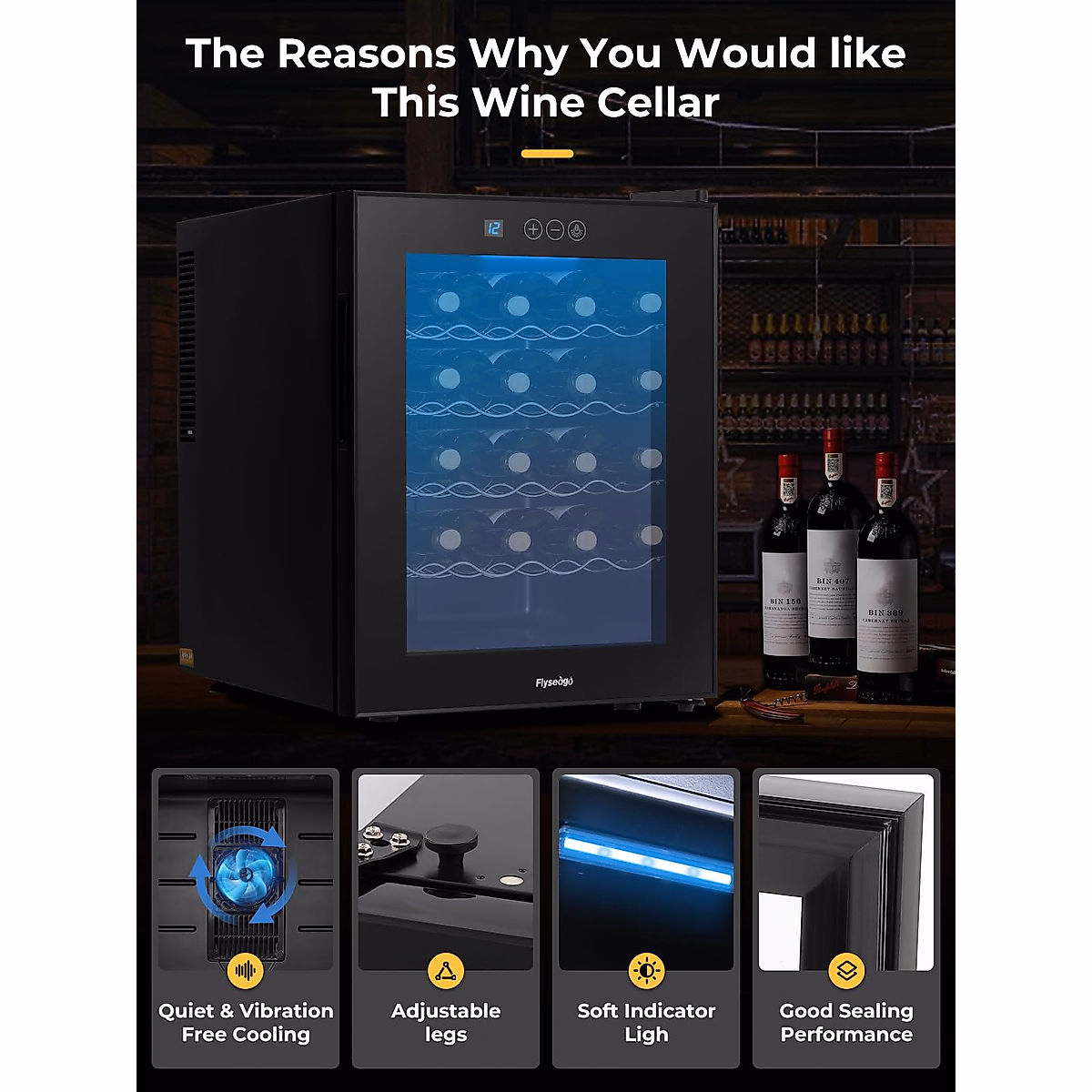 Flyseago Wine Cooler 20 Bottles Eco Friendly Smart Control Wine Cellar with Digital Display Under Counter No Assembly Freestanding Wine Refrigerator Double Glass Door for Bar, Kitchen, Hotel, Rv¡­