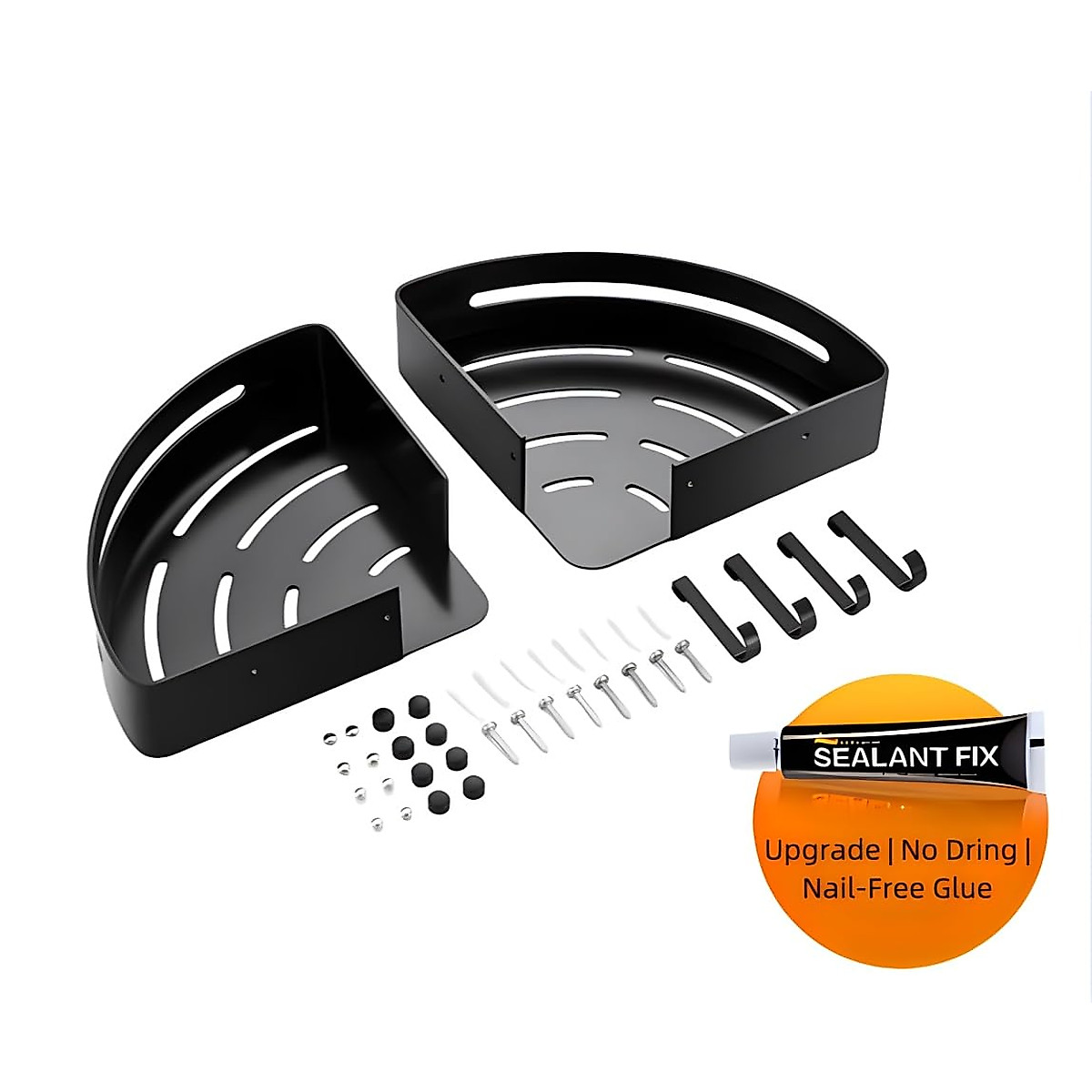 DOIAESKV 2 Pack Corner Shower Caddy with Hooks,No Drilling Aluminium Shower Organizer for Bathroom&Kitchen,Secure with Nail-free Glue,Rustproof Shower Rack Basket,Storage Accessories (Gunmetal)