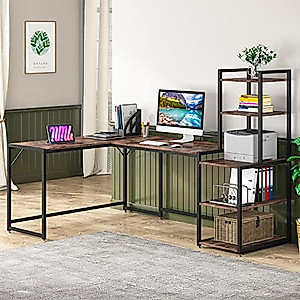 Tribesigns 79 Inch Reversible L-Shaped Desk, Industrial Large Corner Desk with 5 Tier Storage Shelves, Large L Desk Home Office Desk Computer Table Writing Desk, Rustic Brown