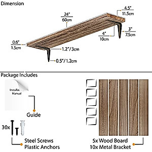 Wallniture Arras Wood Floating Shelves for Wall Storage, 24" Bookshelves for Living Room, Kitchen Shelves, Shelves for Bedroom & Office Burnt Finish Set of 5
