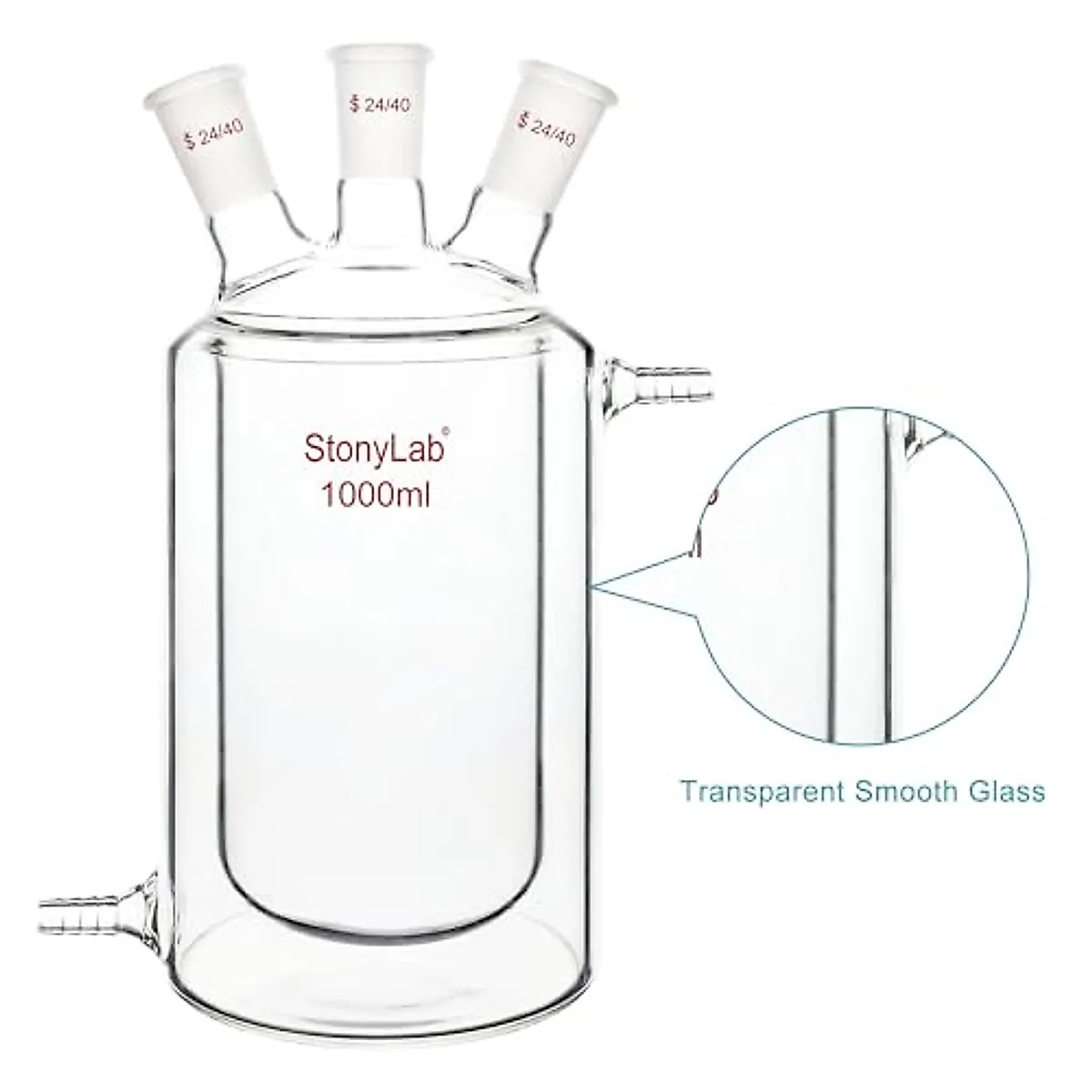 stonylab Jacketed Reaction Flask, Flat Bottom Double Layer Reaction Vessel with Three 24/40 Standard Joints, 1000 ml