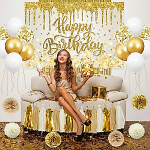 Gold Birthday Party Decorations Set Happy Birthday Decorations for Women Girls- Happy Birthday Banner Backdrop Gold and White Balloons Tassel Curtains Gold Dot Tablecloth Birthday Party Supplies