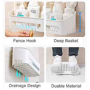 SunHorde Double Plastic Shower Caddy Suction Cup Shower Organizer Basket Bath Shelf, Strong Suction Power Bathroom Caddies with Fence Hooks, Kitchen Rack, Waterproof, Reusable, for Shampoo, Gel