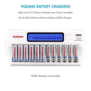 Tenergy 12 Pack Premium AA NiMH Rechargeable Batteries with Charger, 1.2V AA Batteries Ideal for Everyday Electronics and high Power Devices