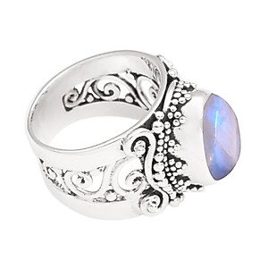NOVICA Artisan Handmade Rainbow Moonstone Cocktail Ring Sterling Silver Single Clear Indonesia Gemstone [crownbezel 0.7 in H x 0.6 in W x 0.3 in D Band Width 8 mm W] ' Glorious Vines'