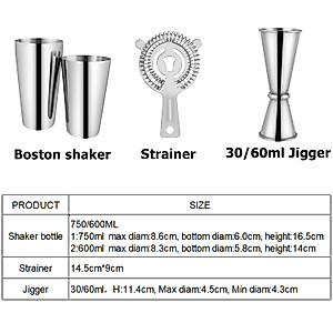 Boston Shaker Set Stainless Steel Cocktail Shaker Set 20oz & 25oz Martini Shakers Bartending Kit Drink Shaker Bar Tools for Drink Mixing with Strainer Jigger Recipes Booklet (5 Pieces)