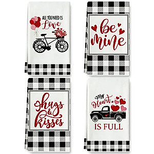 Whaline 4Pcs Valentine's Day Kitchen Towel 28 x 18 Inch White Black Buffalo Plaids Swedish Dish Towel Heart Truck Bicycle Sweet Style Hand Drying Tea Towel for Holiday Kitchen Bathroom Home Supplies