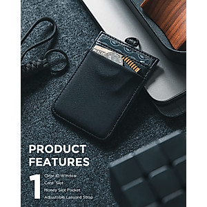 VULKIT ID Badge Holder with Lanyard for Women and Men Vertical Leather Badge Holder with Clear ID Window Card Holder Slot and Money Pocket Black