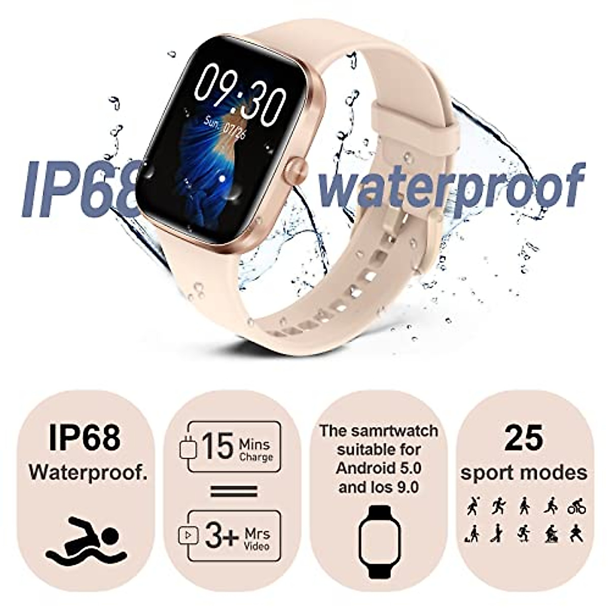 AZTTKIA Smart Watch, Fitness Tracker with 24/7 Blood Pressure and Heart Rate Monitors, Fitness Watch with IP68 Waterproof, 1.7" HD Large Screen Smartwatch Compatible with iOS Android
