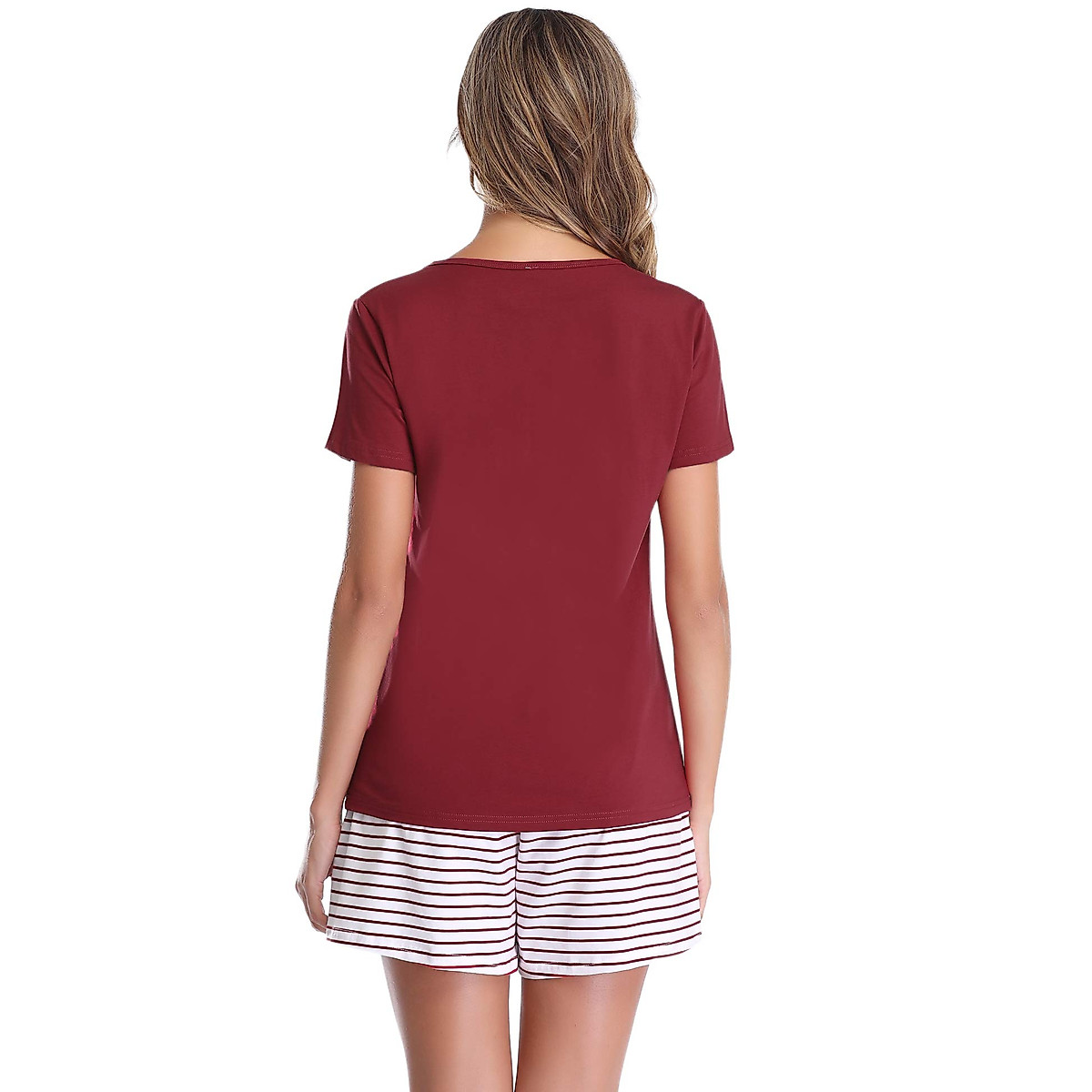 Vlazom Womens Pajama Set Cotton Short Pj Set Summer Stripe Lounge Set for Sleeping Yoga Gym Running Dark Red