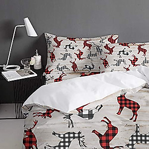 TocaHome Duvet Cover Full Size, 4 Pieces Comforter Cover Set, Christmas Red and Black Lattice Elk on Wood Grain Soft Bedding Sets - 1 Full Duvet Cover, 1 Bed Sheet and 2 Pillowcases