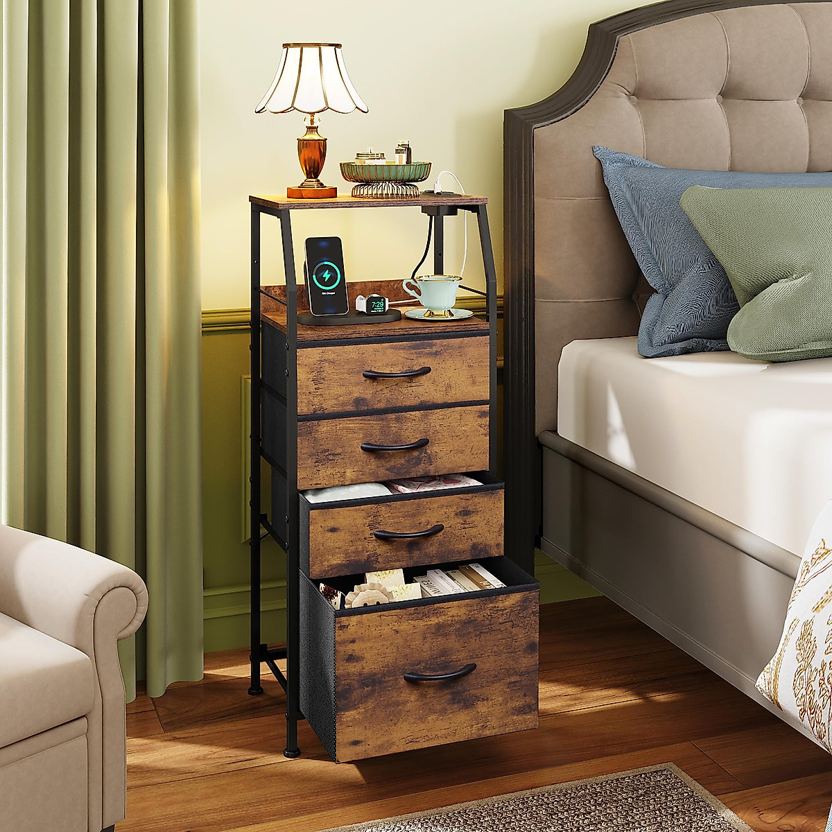 WLIVE 4 Drawer Dresser for Bedroom, Nightstand with Charging Station and Led Light, Tall Night Stand Bed Side Table, End Table with USB Ports and Outlets, Fabric Bins, Wood Shelf, Rustic Brown