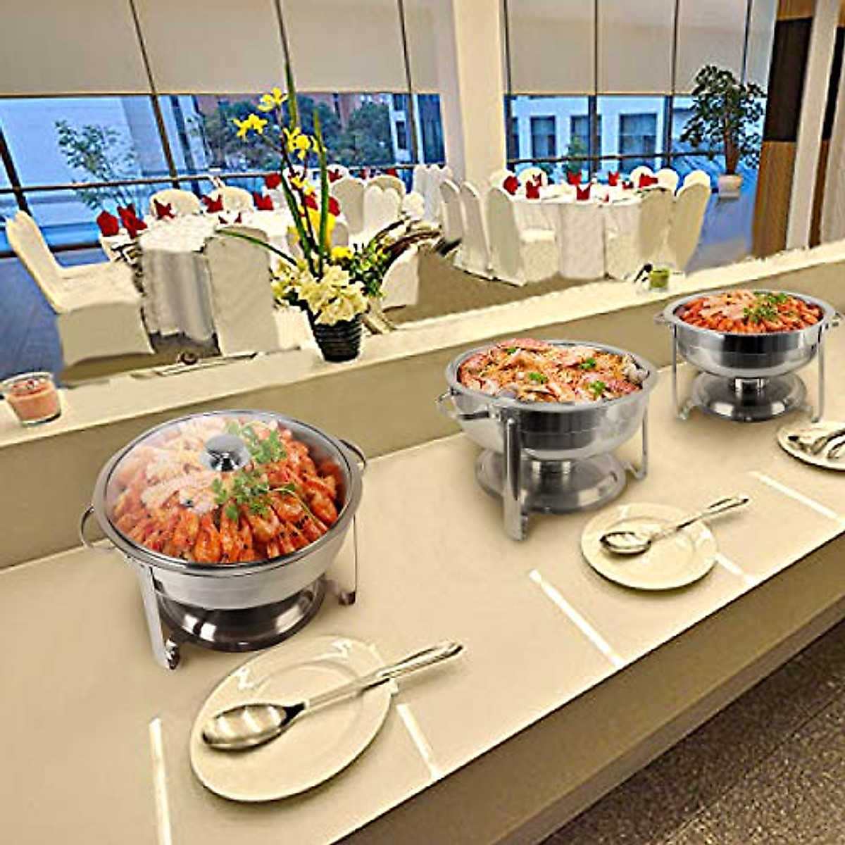 BriSunshine 2 Packs 430 Stainless Steel Chafing Dish Buffet Set, 4 QT Round Chafing Dish with Glass Lid & Lid Holder, Food Warmers for Parties Buffet Wedding Catering