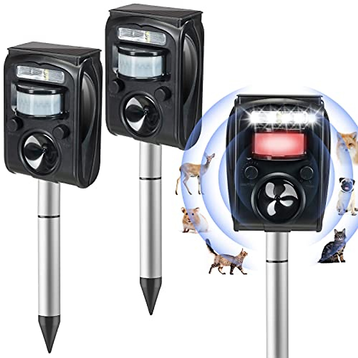 2 Pcs Ultrasonic Animal Repellers Black Solar Deterrent Devices Waterproof Ultrasonic Deer Repellents with Motion Sensor Flashing Light for Garden Farm House Drive Cat Dog Bird Coyote Skunk