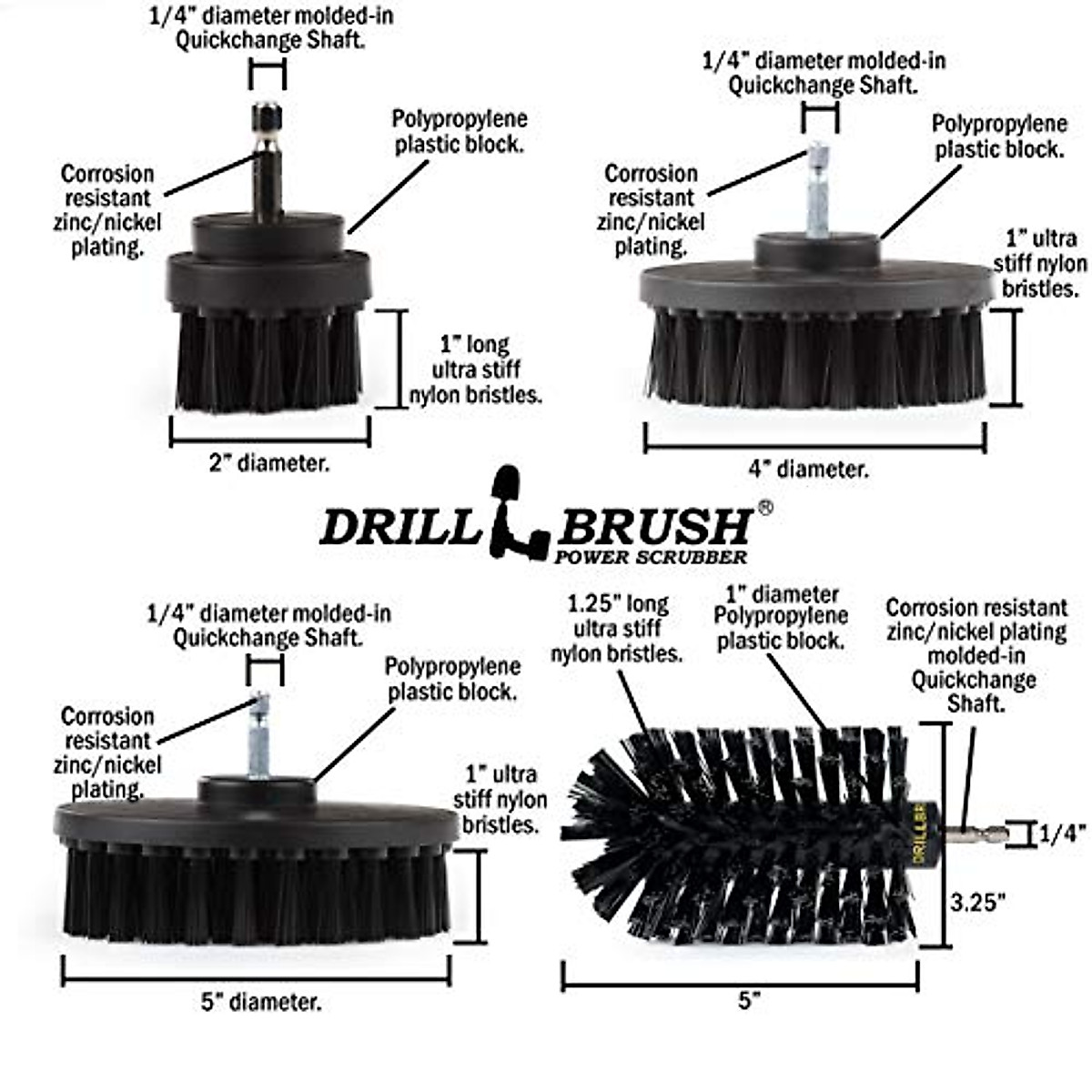 Drill Brush Power Scrubber by Useful Products - 4 Piece Black Drillbrush Ultra Stiff Cleaning Brush Set - Metal Brush for Drill Alternative - Grill Brush for Cordless Drill - Grill Grate Cleaner Brush