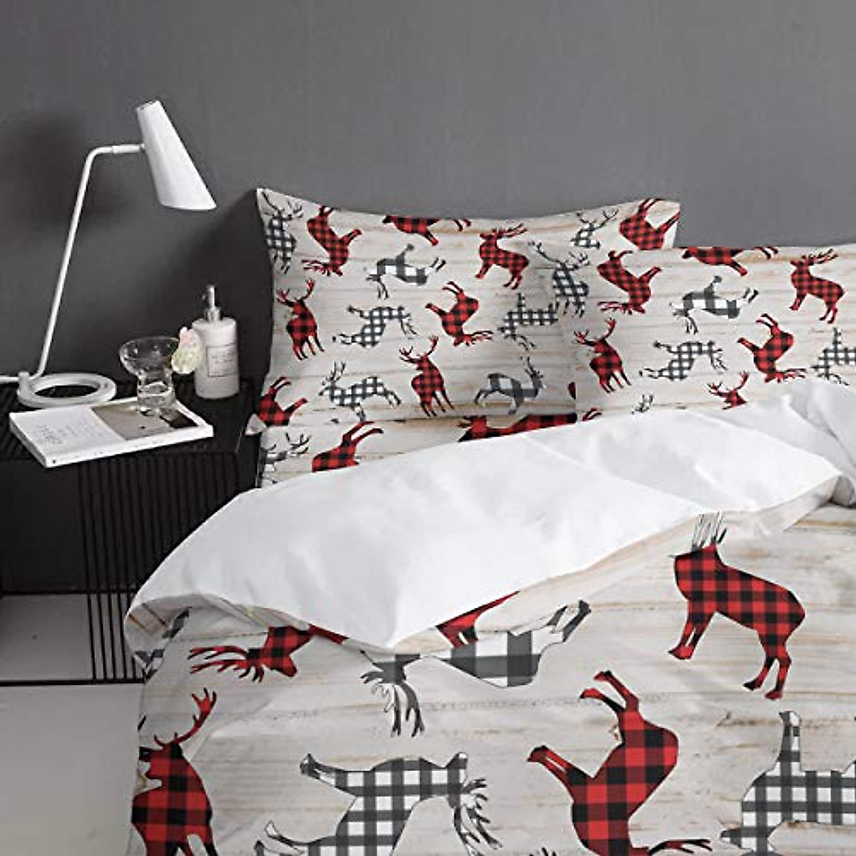 TocaHome Duvet Cover Full Size, 4 Pieces Comforter Cover Set, Christmas Red and Black Lattice Elk on Wood Grain Soft Bedding Sets - 1 Full Duvet Cover, 1 Bed Sheet and 2 Pillowcases