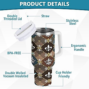 RPLIFE Ornate Crowns and Fleur De 40 Oz Tumbler with Handle and Straw, Stainless Steel Tumbler with Straw, Coffee Tumbler