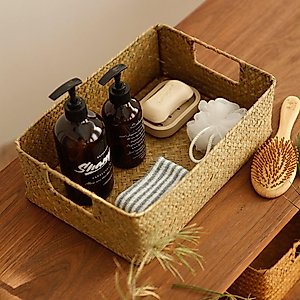 1 Pcs Handwoven Wicker Shelf Baskets, Natural Bamboo Rectangular Organizing Baskets for Shelf/Table, Built-in Iron Rack Wicker Storage Basket for Snack Cat Strip Small Things