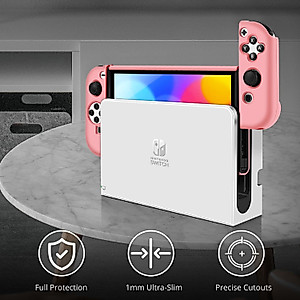 TNP Switch OLED Dockable Case - Pink, for Nintendo Switch OLED Model 2021, Cute Protective Case Cover, Hard PC Shell coated with Silicone Skin for Switch OLED Accessories Console & JoyCon Controller