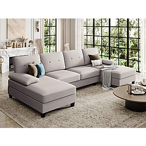 SUNLEI 106" Sectional Sofa Couches for Living Room, 4 Seat U-Shaped Sofa Couch with Linen Fabric and Double Chaises, Modern Living Room Furniture Sets for Apartment, White