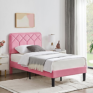 VECELO Twin Size Bed Frame Premium Velvet Upholstered Platform with Height Adjustable Headboard/Mattress Foundation, Solid Wooden Slat Support, No Box Spring Needed/Easy Assembly