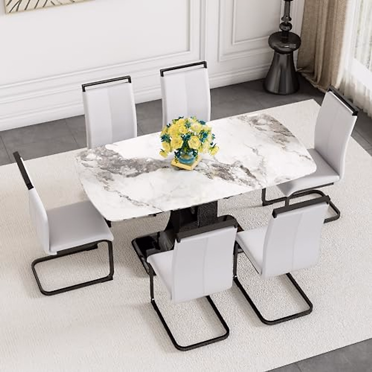 63" Glass Dining Table with White Imitation Marble Top, Kitchen Table for 4 or 6, Modern Dinner Tables with Black MDF Base, Large Dining Room Table for Dining Room/Kitchen, Easy Assembly
