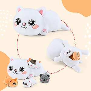KMUYSL Cat Stuffed Animals Toys for Ages 3 4 5 6 7 8+ Years Old Kids - Mommy Cat with 4 Baby Kitty in Her Tummy, Idea Xmas Birthday Gifts for Baby, Toddler, Girls, Boys