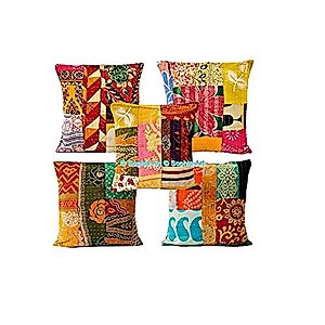 Traditional Bohemian Kantha Ethnic Indian Cotton Antique Decorative Pillow Throw Patchwork Sofa Square Home Décor Vintage Boho Indian Cushion Cover (05 Pcs Set, 20"x20")