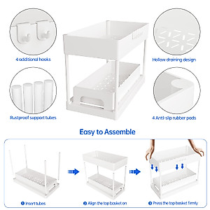 Under Sink Organizers and Storage,2 Tier Under Bathroom Storage Rack with 4 Hooks,Multi-purpose Storage Shelf for Bathroom Kitchen(White)