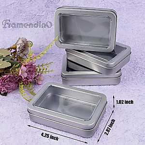Framendino, 12 Pack Metal Rectangular Storage Organizer Tins with Clear Window Hinged Lids Silver
