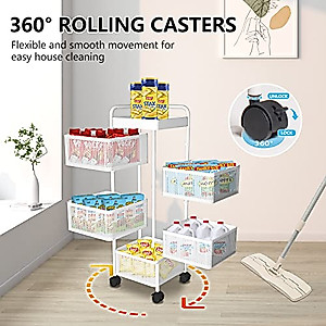 PINFENGJIAJU Rotating Kitchen Storage Shelf with Handle, Fruit Vegetable Storage Basket, Rolling Storage Cart, Multifunctional Household Shelf for Bedroom, Bathroom, Living Room(White, 5-Tier Square)